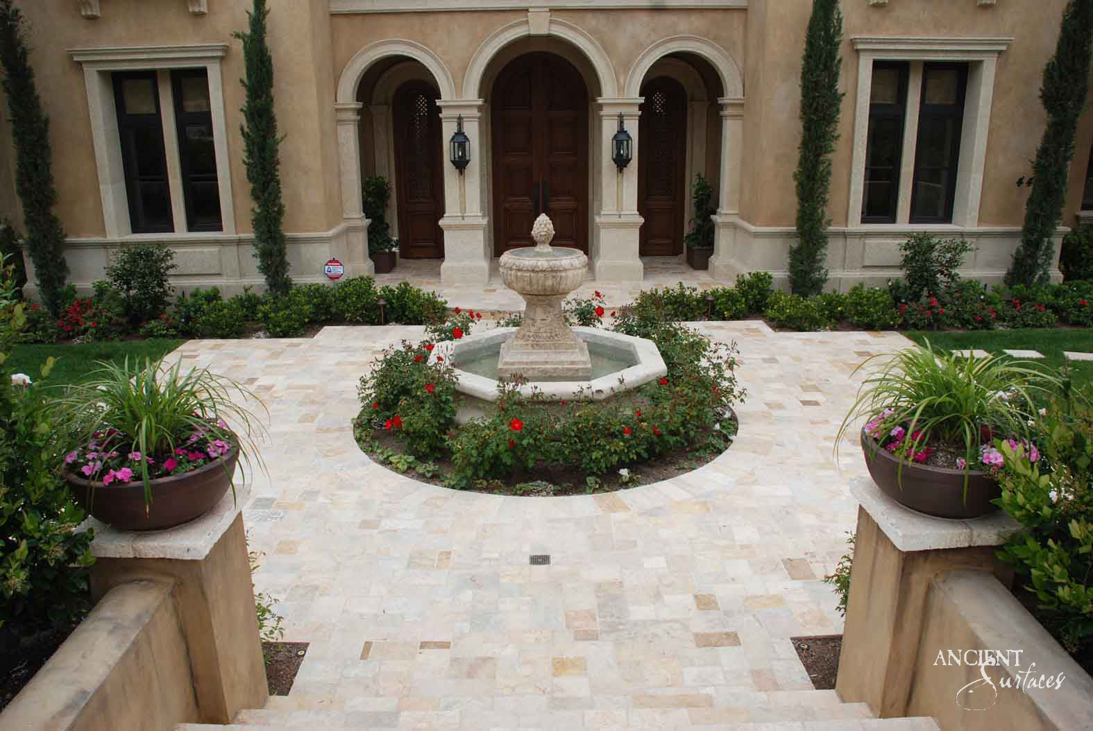 Symmetrical Grace: Limestone Fountain in an Elegant Courtyard ...